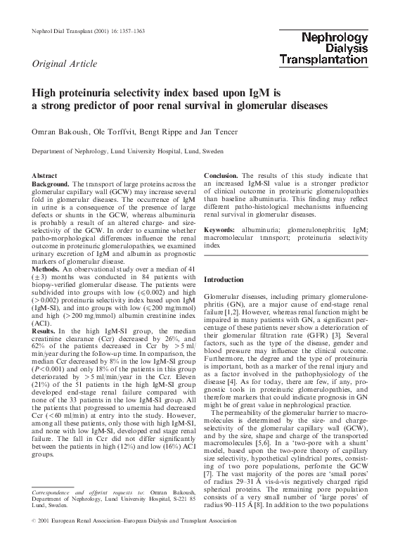 (PDF) High proteinuria selectivity index based upon IgM is a strong ...