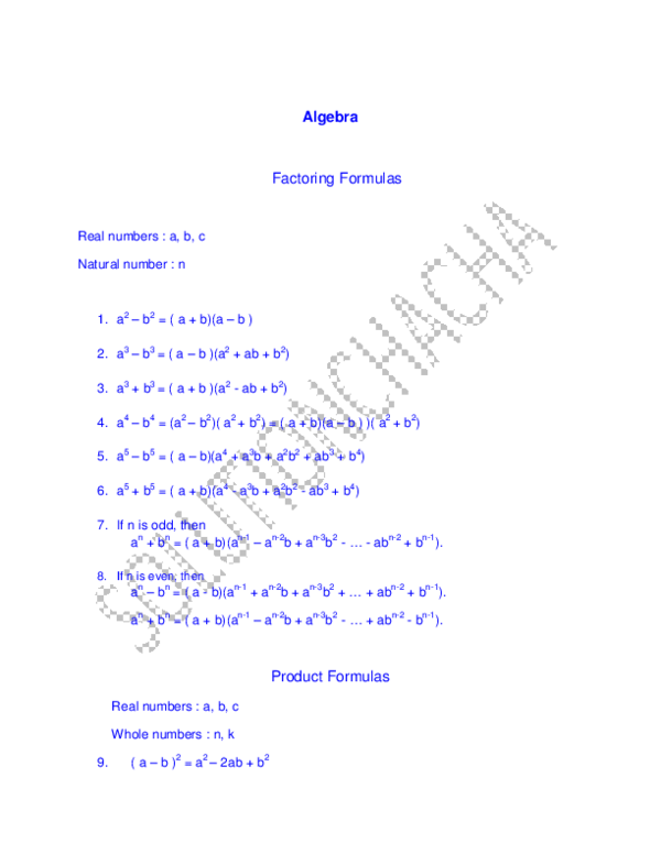 (PDF) Algebra Factoring Formulas