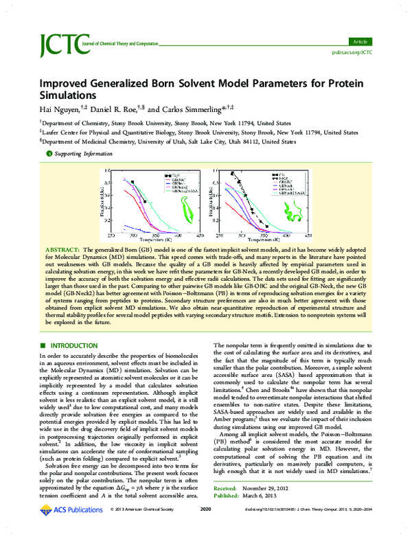 (PDF) Improved Generalized Born Solvent Model Parameters for Protein and Nucleic Acid Simulations