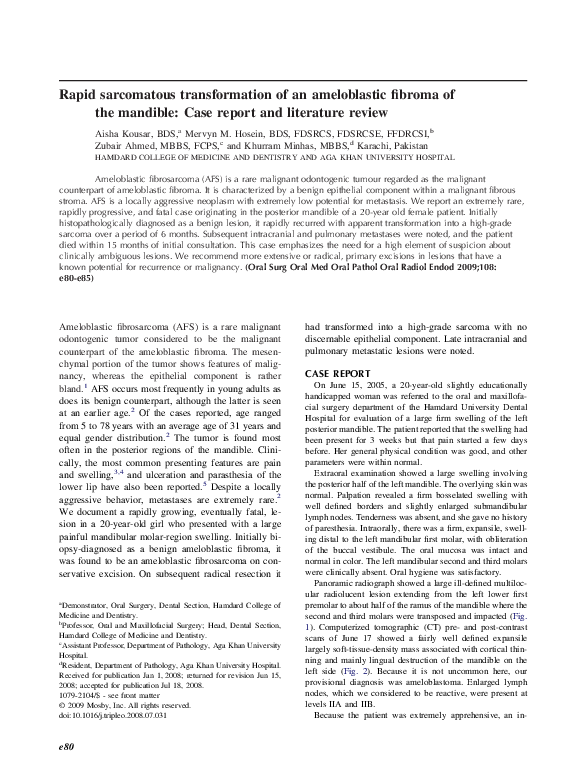 (PDF) Rapid sarcomatous transformation of an ameloblastic fibroma of ...