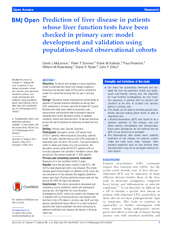 Pdf Prediction Of Liver Disease In Patients Whose Liver Function Tests Have Been Checked In