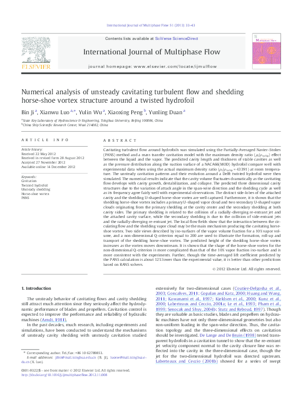 (PDF) Numerical analysis of unsteady cavitating turbulent flow and shedding horse-shoe vortex ...