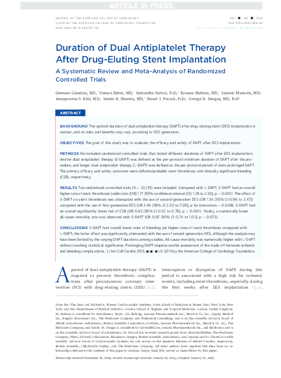 (PDF) Duration of Dual Antiplatelet Therapy After Drug-Eluting Stent Implantation