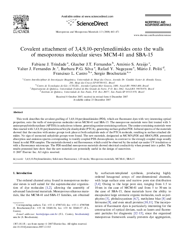 (PDF) Covalent attachment of 3, 4, 9, 10-perylenediimides onto the walls of mesoporous molecular ...