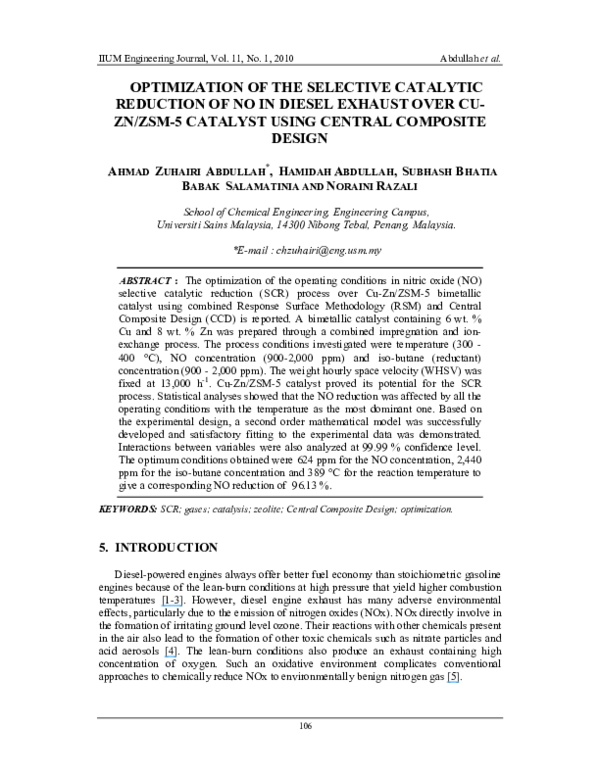 (PDF) OPTIMIZATION OF THE SELECTIVE CATALYTIC REDUCTION OF NO IN DIESEL EXHAUST OVER CU- ZN/ZSM ...
