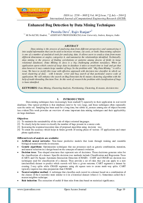 Pdf Enhanced Bug Detection By Data Mining Techniques