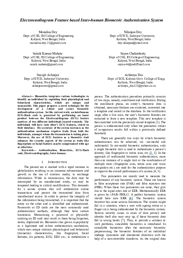 Pdf Electrocardiogram Feature Based Inter Human Biometric Authentication System