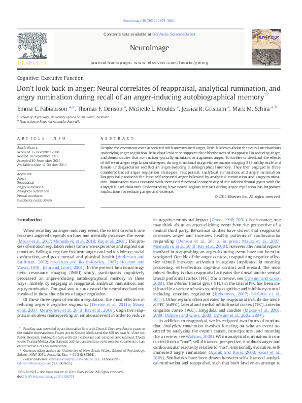 (PDF) Don't look back in anger: Neural correlates of reappraisal ...