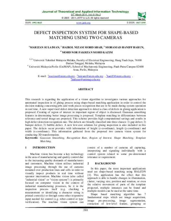 (PDF) DEFECT INSPECTION SYSTEM FOR SHAPE-BASED MATCHING USING TWO CAMERAS