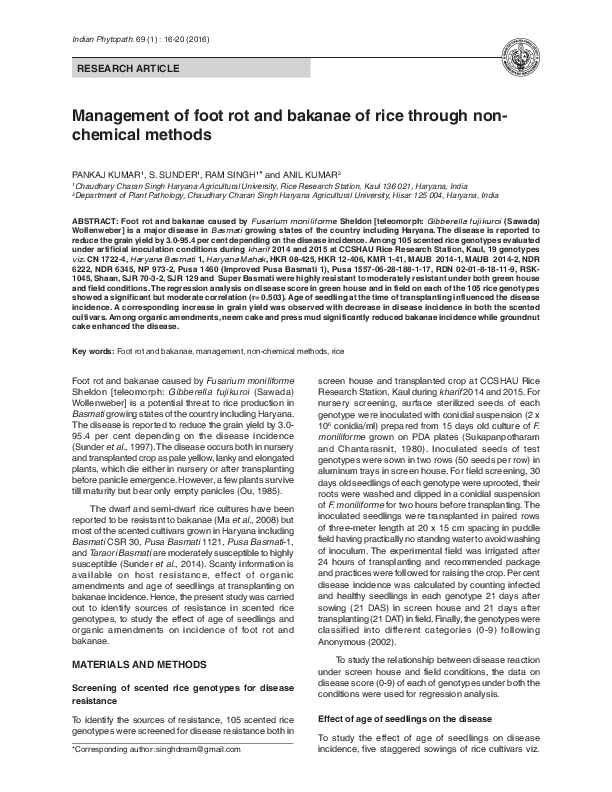 Management of foot rot and bakanae of rice through non- chemical methods