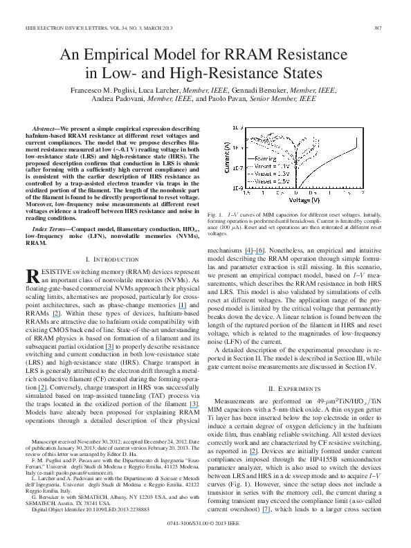 (PDF) An Empirical Model for RRAM Resistance in Low- and High ...