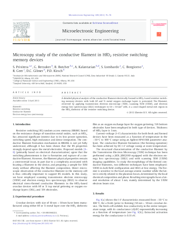 (PDF) Microscopy study of the conductive filament in HfO2 resistive switching memory devices