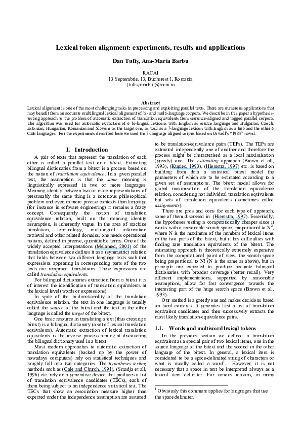Pdf Lexical Token Alignment Experiments Results And Applications