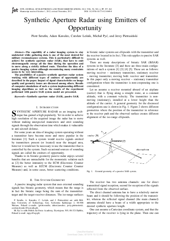 (PDF) Synthetic Aperture Radar using Emitters of Opportunity