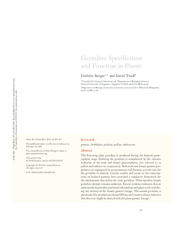 (PDF) Germline Specification and Function in Plants