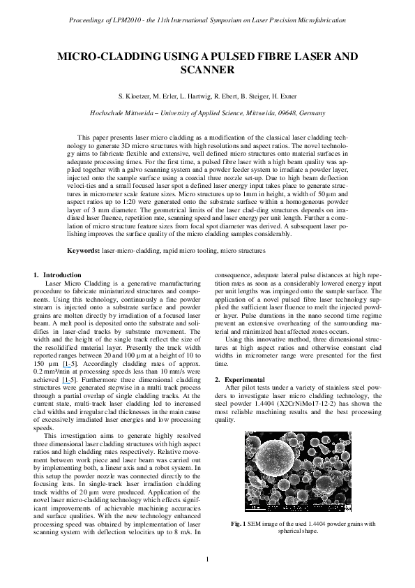 (PDF) Micro-Cladding Using a Pulsed Fibre Laser and Scanner