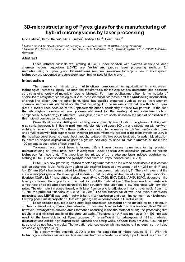 (PDF) 3D-microstructuring of Pyrex glass for the manufacturing of ...