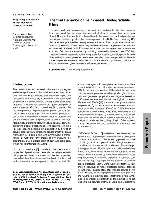 (PDF) Thermal Behavior of Zein-based Biodegradable Films