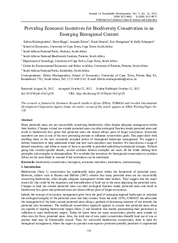 (PDF) Providing Economic Incentives for Biodiversity Conservation in an Emerging Bioregional Context