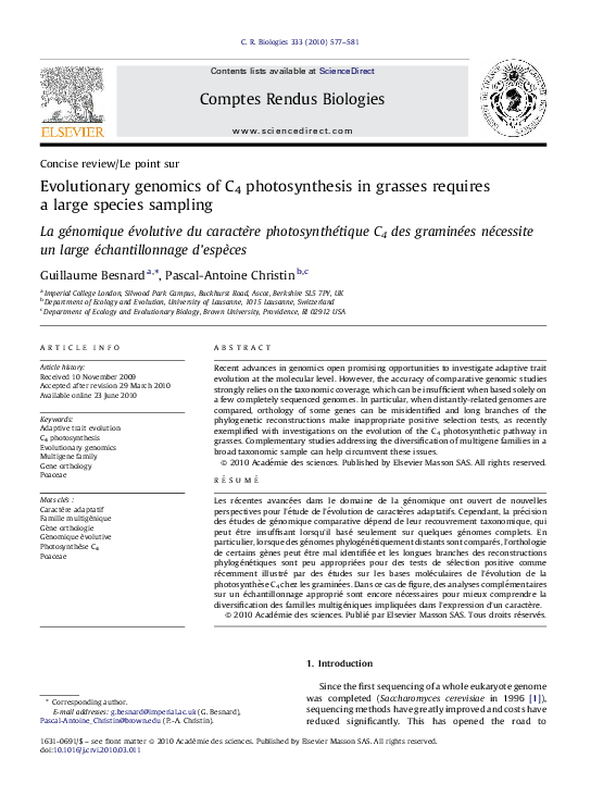 (PDF) Evolutionary genomics of C4 photosynthesis in grasses requires a ...
