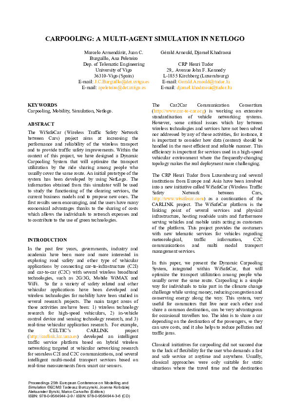 (PDF) Carpooling: A Multi-Agent Simulation In Netlogo