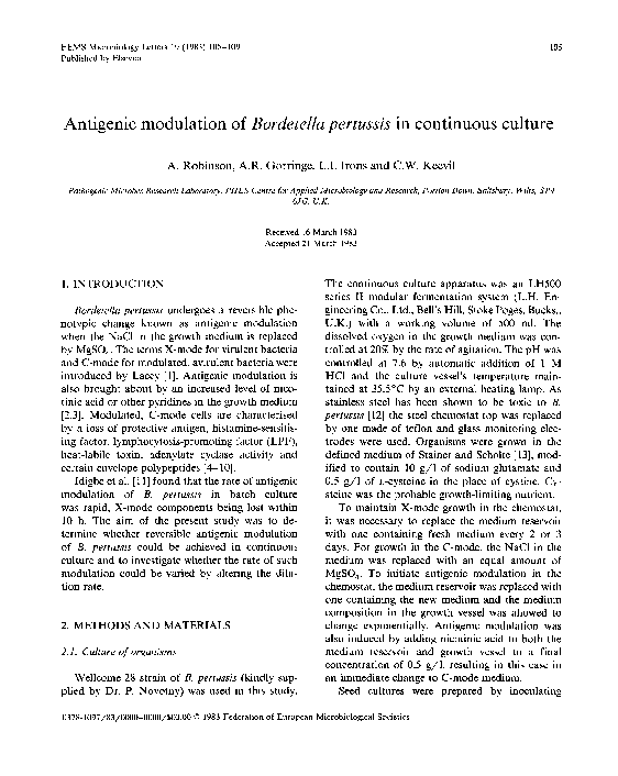 (PDF) Antigenic modulation of Bordetella pertussis in continuous culture