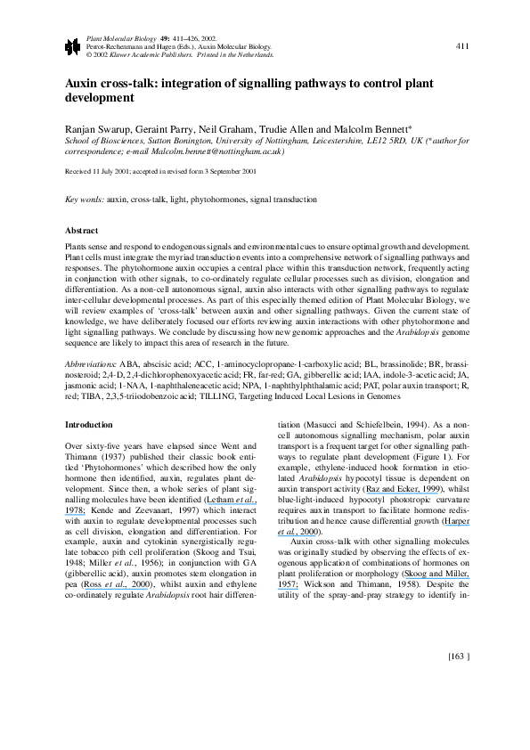 Pdf Auxin Cross Talk Integration Of Signalling Pathways To Control Plant Development