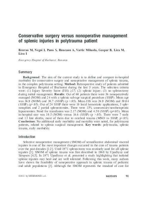 (PDF) Conservative surgery versus nonoperative management of splenic ...