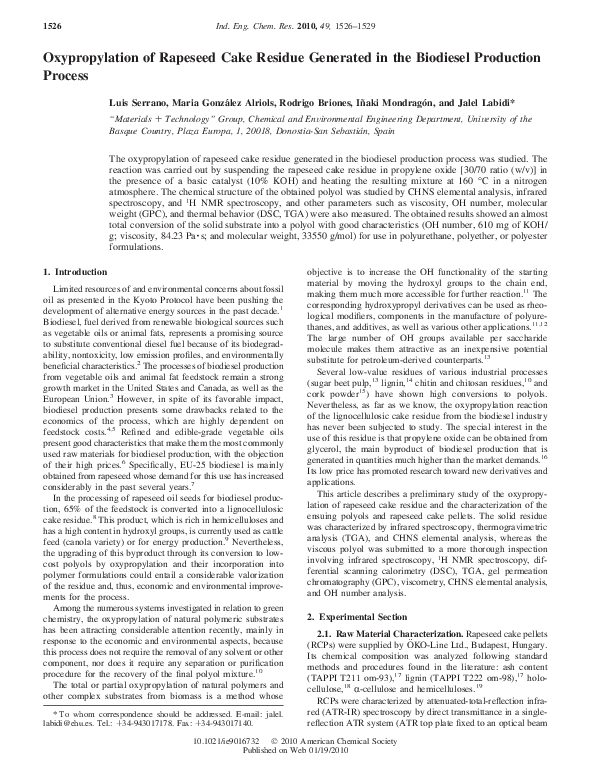 (PDF) Oxypropylation of Rapeseed Cake Residue Generated in the ...