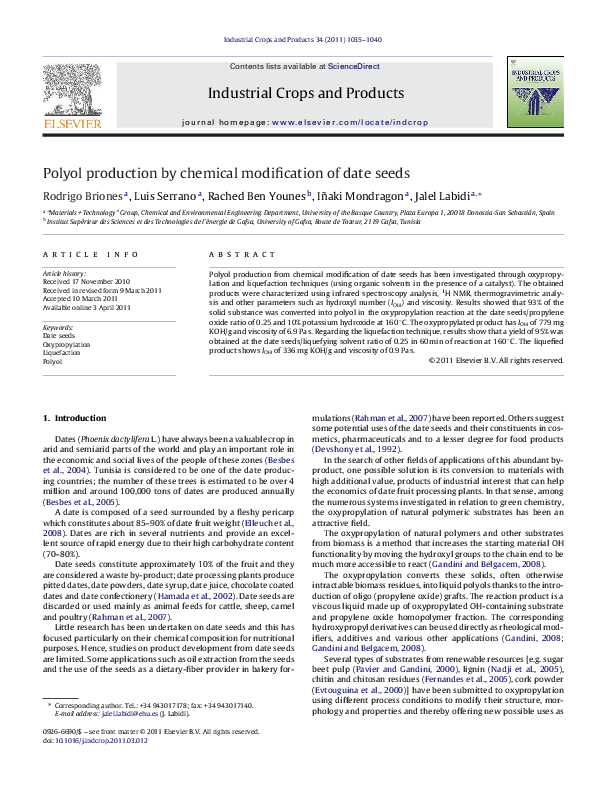 (PDF) Polyol production by chemical modification of date seeds