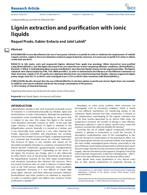 (PDF) Lignin extraction and purification with ionic liquids