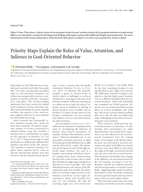 Pdf Priority Maps Explain The Roles Of Value Attention And Salience In Goal Oriented Behavior
