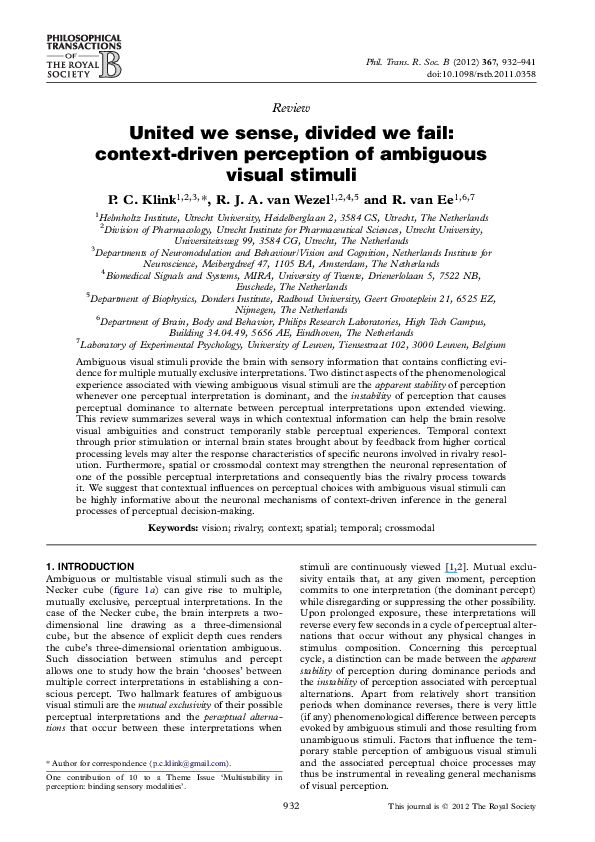 (PDF) United we sense, divided we fail: context-driven perception of ambiguous visual stimuli