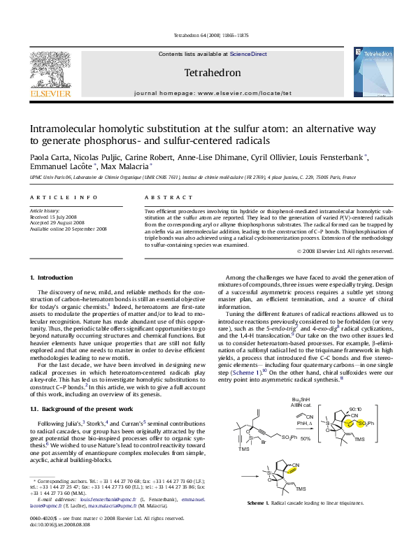 (PDF) Intramolecular homolytic substitution at the sulfur atom: an ...