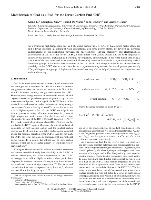 (PDF) Modification of Coal as a Fuel for the Direct Carbon Fuel Cell
