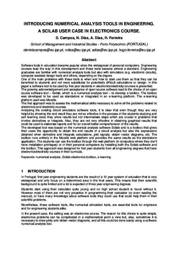 Pdf Introducing Numerical Analysis Tools In Engineering A Scilab User Case In Electronics Course