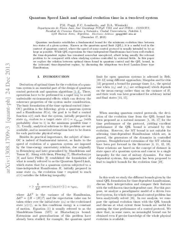 Pdf Quantum Speed Limit And Optimal Evolution Time In A Two Level System Fernando Lombardo