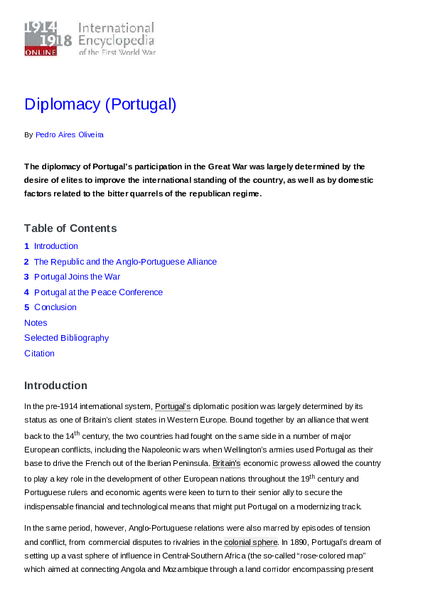 (PDF) OLIVEIRA, Pedro Aires – “Diplomacy (Portugal)”, in DANIEL, Ute ...