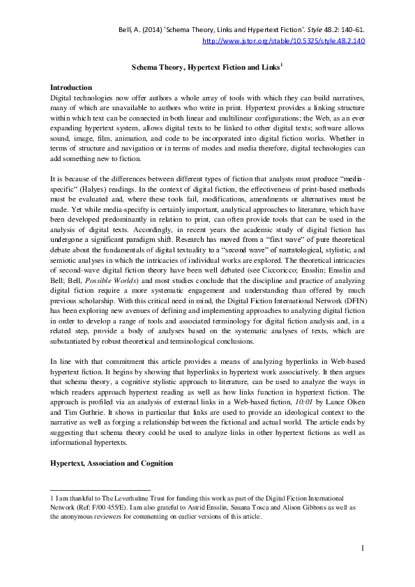 (PDF) Schema Theory, Hypertext Fiction and Links