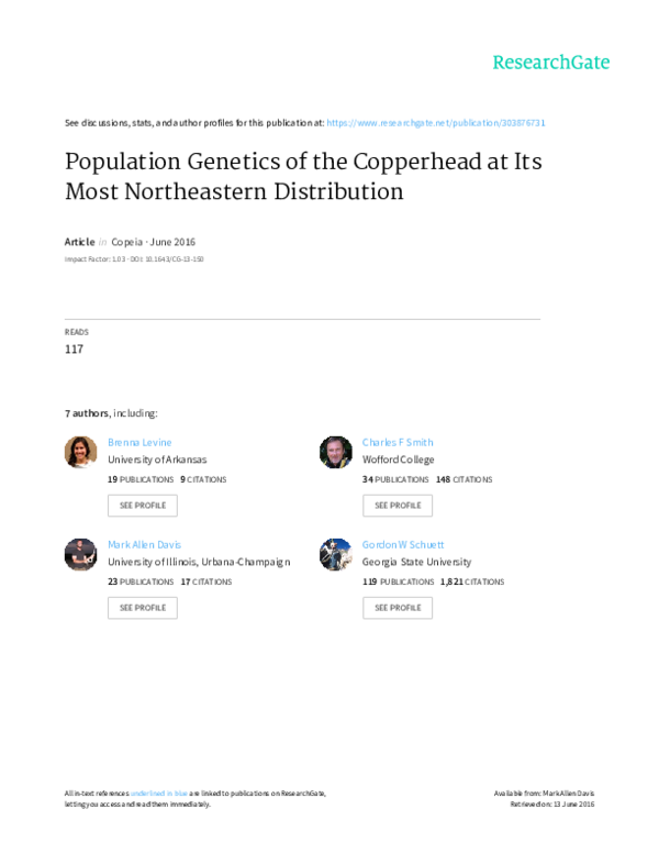 (PDF) Population genetics of the copperhead at its most Northeastern ...