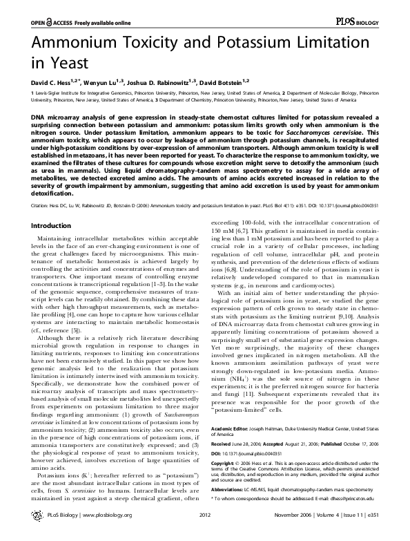(PDF) Ammonium Toxicity and Potassium Limitation in Yeast