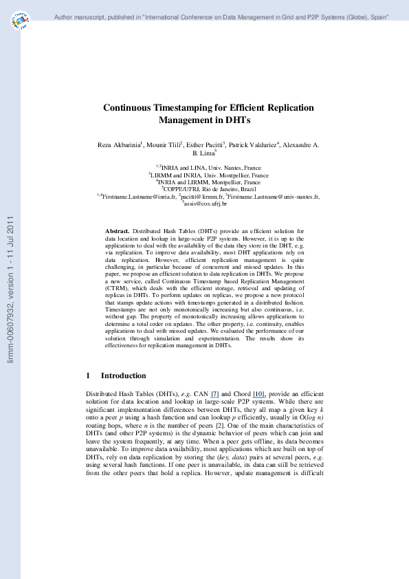 (PDF) Continuous timestamping for efficient replication management in DHTs