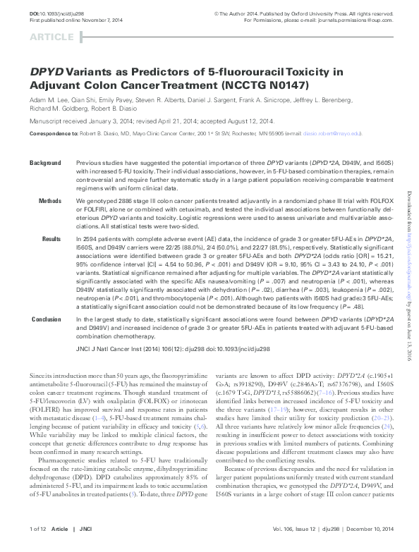 (PDF) DPYD variants as predictors of 5-fluorouracil toxicity in ...