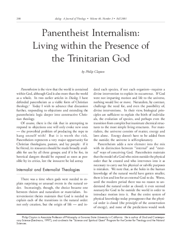 (PDF) Panentheism Internalism: Living within the Presence of the ...