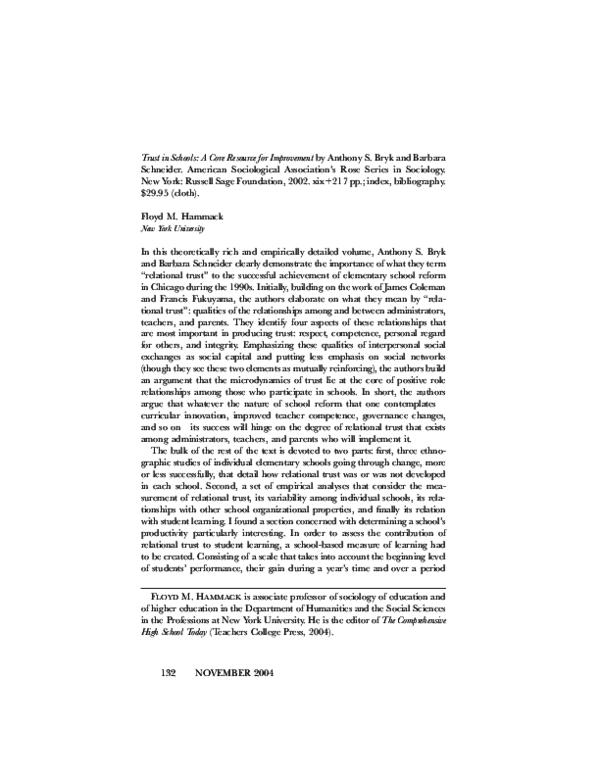 (PDF) Trust in Schools: A Core Resource for Improvement by Anthony S ...