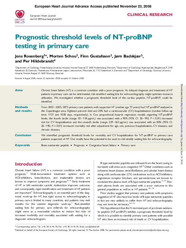 (PDF) Prognostic threshold levels of NT-proBNP testing in primary care
