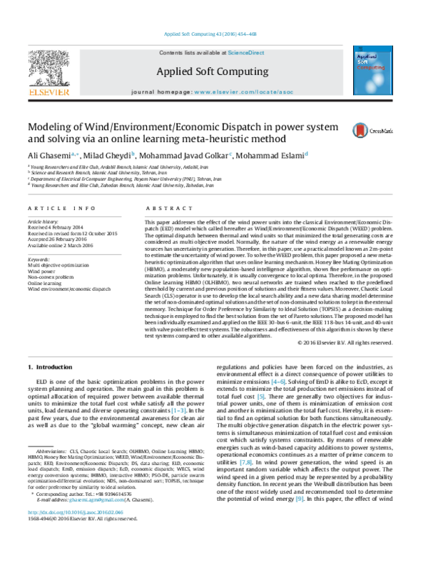 Pdf Modeling Of Windenvironmenteconomic Dispatch In Power System And Solving Via An Online