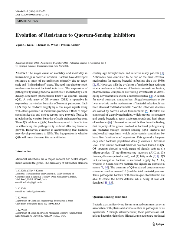 (PDF) Evolution of Resistance to Quorum-Sensing Inhibitors