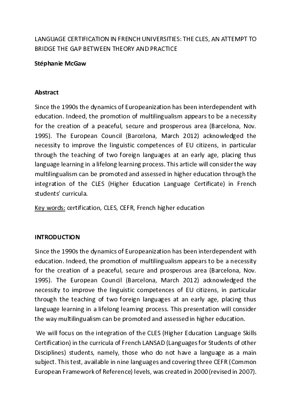 (PDF) LANGUAGE CERTIFICATION IN FRENCH UNIVERSITIES: THE CLES, AN ...