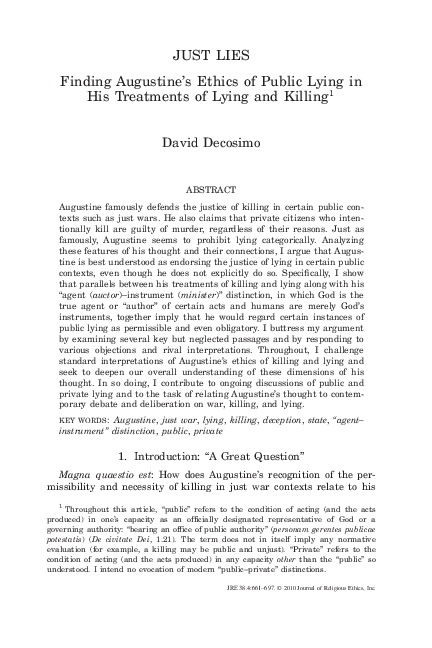 (PDF) Just Lies: Finding Augustine's Ethics of Public Lying in His Treatments of Lying and Killing